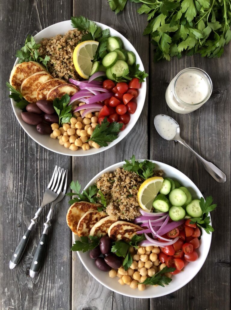Mediterranean Bulgur and Halloumi Bowl - The Kitchen Fairy