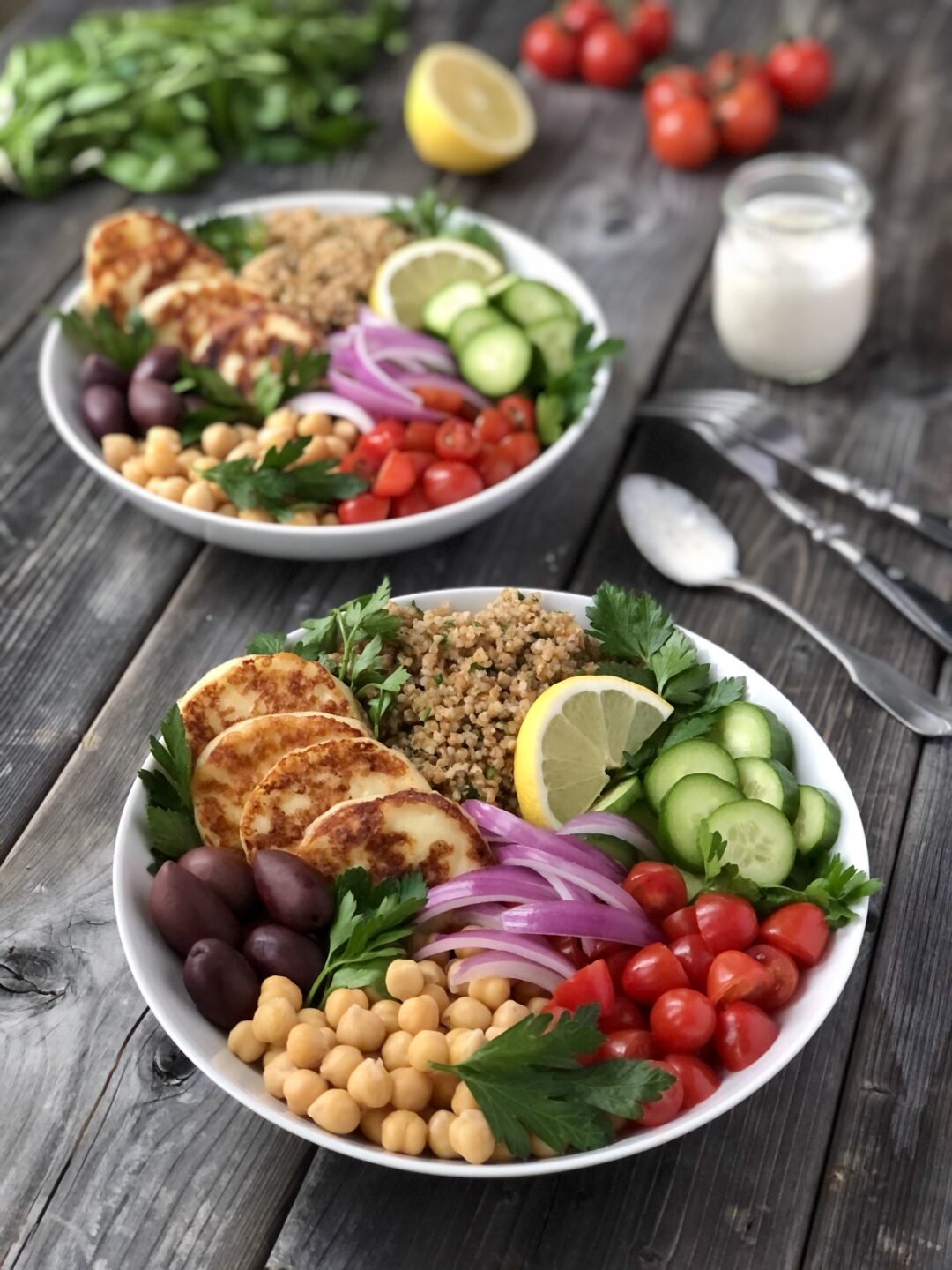 Mediterranean Bulgur and Halloumi Bowl - The Kitchen Fairy