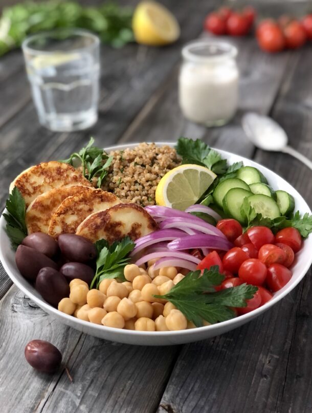 Mediterranean Bulgur & Halloumi Bowl 9 BEST One Bowl Closeup with Lemon ...