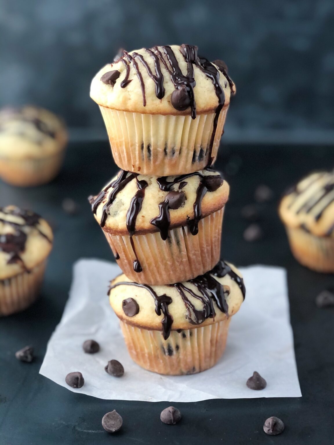 Chocolate Chip Muffins with Chocolate Drizzle - The Kitchen Fairy