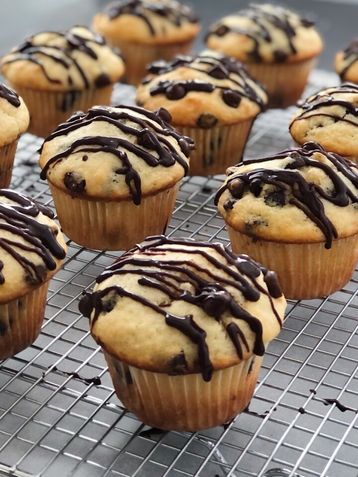 Chocolate Chip Muffins with Chocolate Drizzle - The Kitchen Fairy